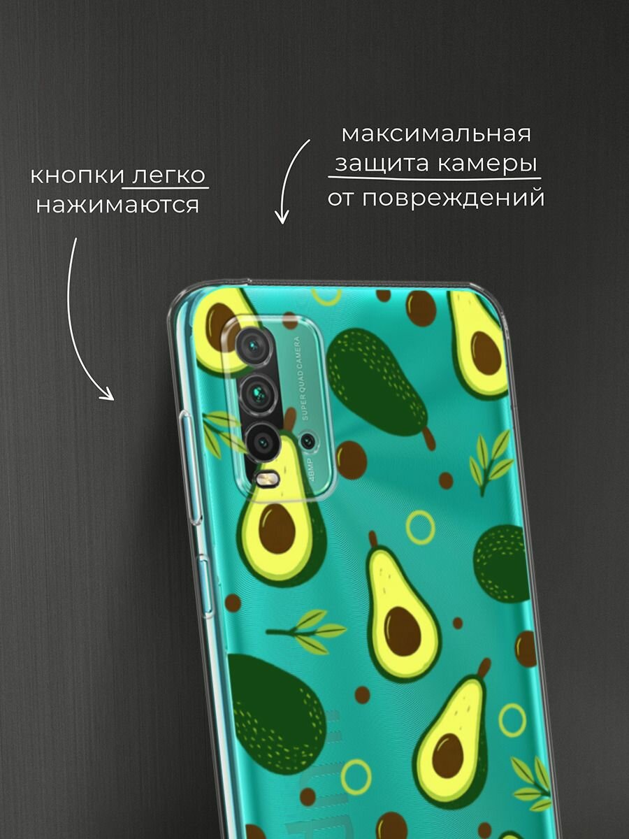 Чехол на Xiaomi Redmi 9T / Сяоми Редми 9Т с принтом "Авокадо паттерн", прозрачный — фото 1