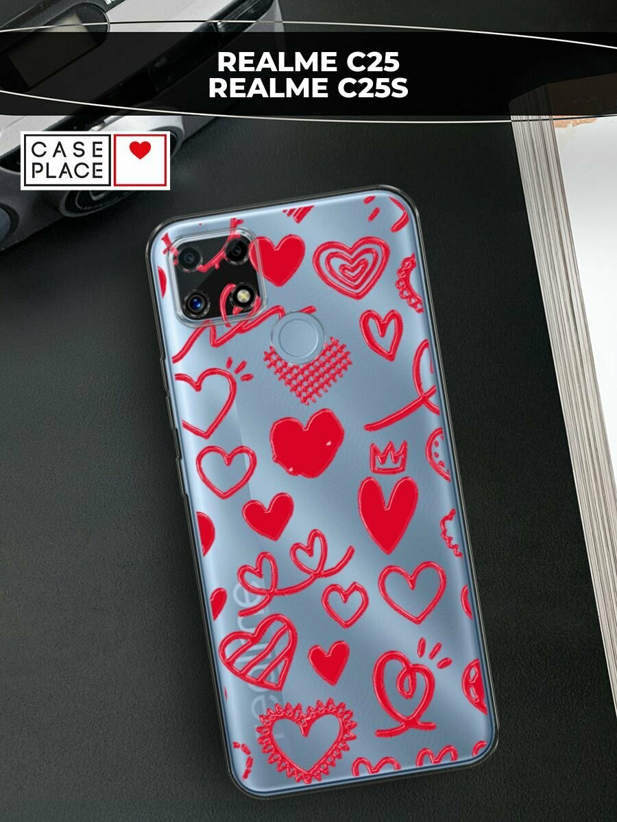 Чехол на Realme C25/C25s / Реалми С25/C25s с принтом "Разные сердечки"