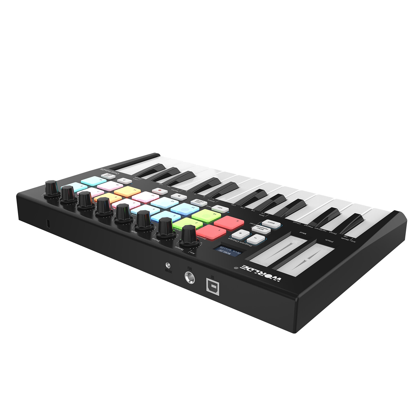 Портативная USB-MIDI-клавиатура WORLDE Orca mini25 с 25 клавишами, 16 пэдами с RGB-подсветкой и 8 назначаемыми ручками управления