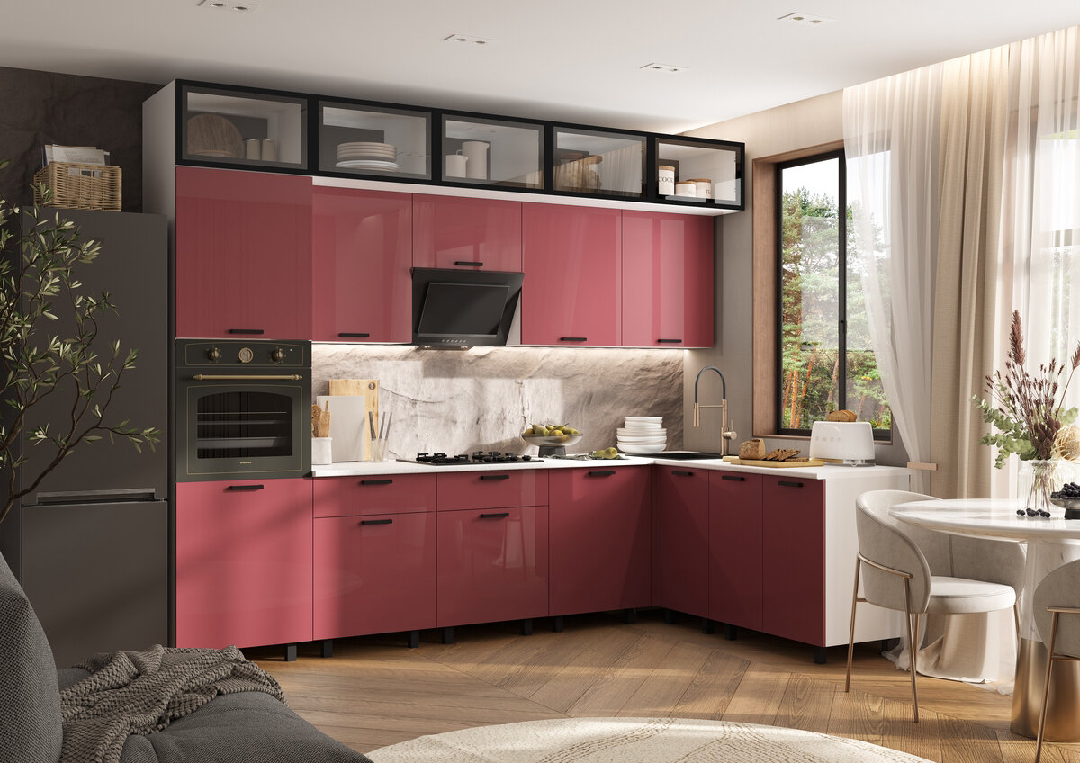 Кухня Техно 3,0х1,8 Компоновка №8 (Марсала глянец, Белый (Антарес))