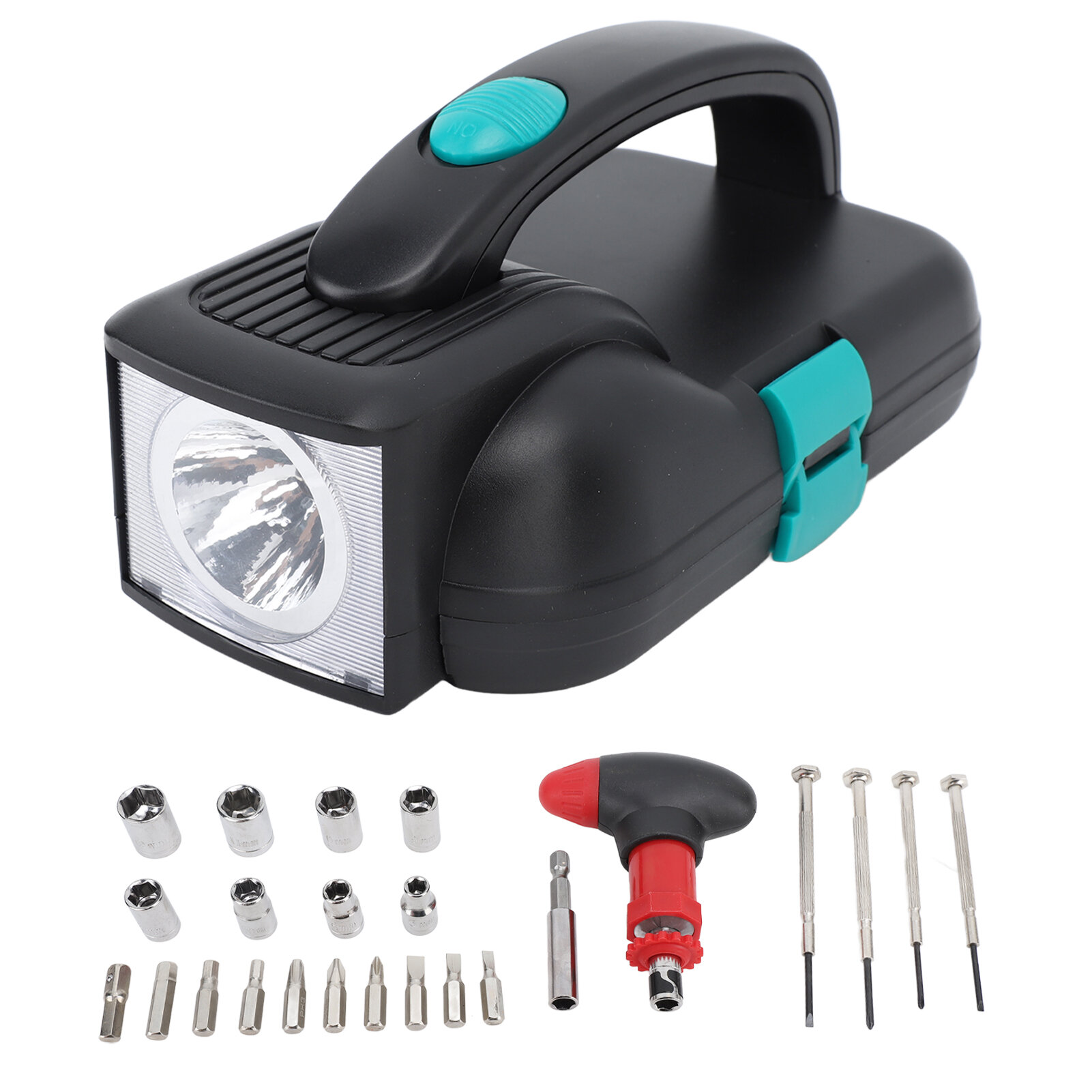 Набор бытовых инструментов со светодиодным фонариком включает в себя миниатюрный набор отверток, трещотку, насадку для часов и многое другое.