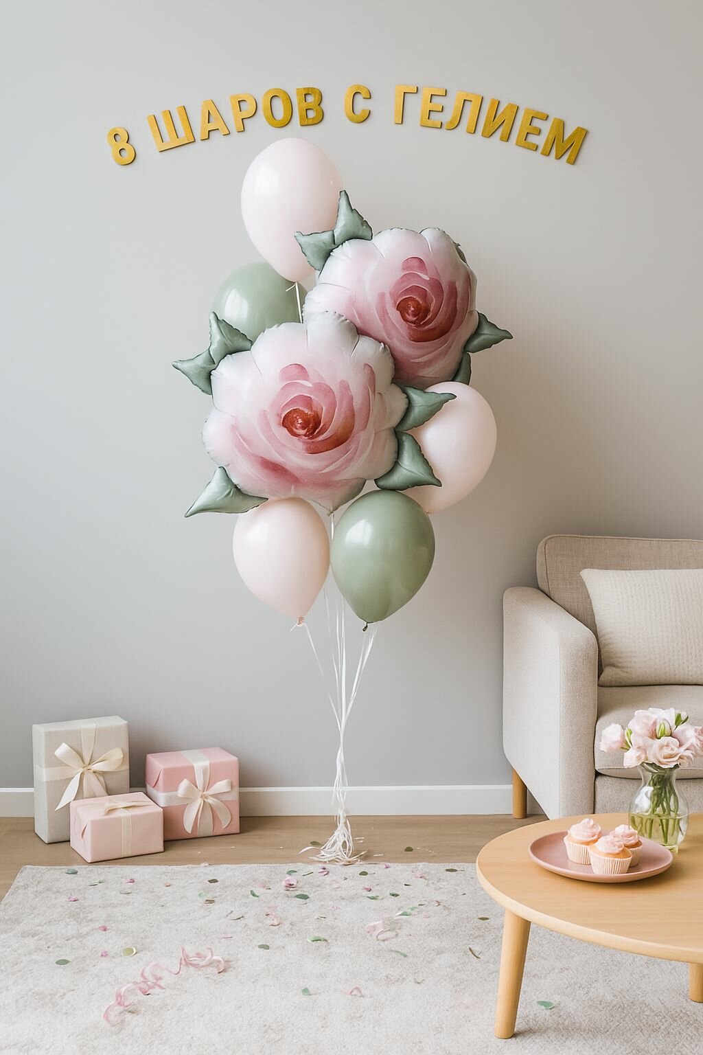 Фольгированные воздушные шары с гелием надутые в фонтан из латексных шаров "Дикая роза", 8 шт