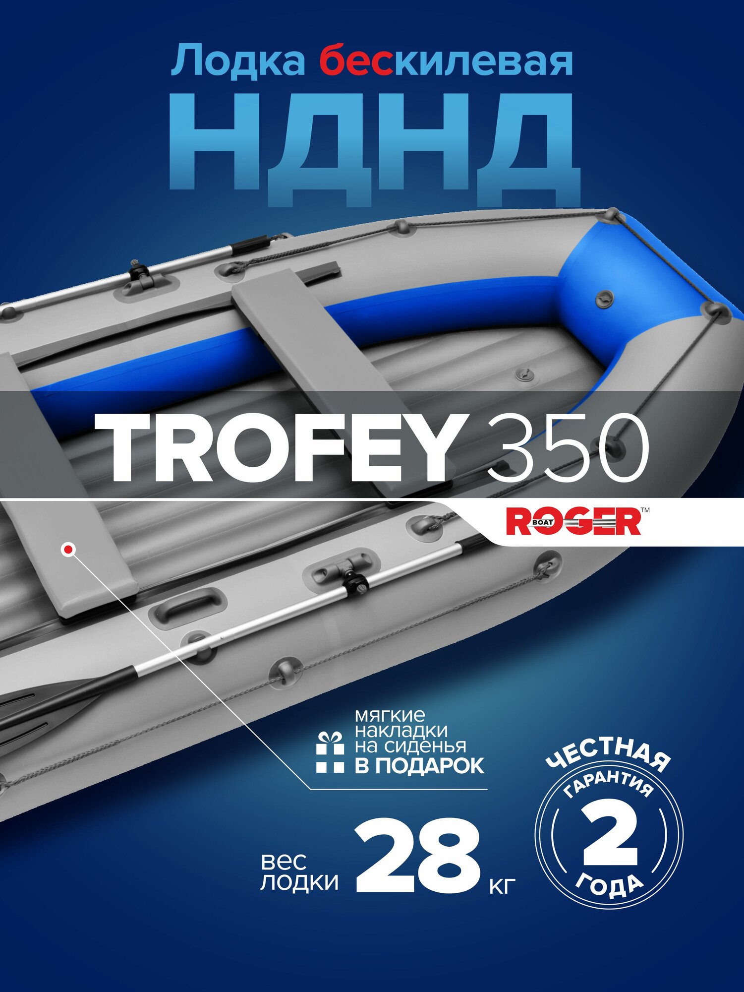 Лодка ПВХ под мотор НДНД ROGER Trofey 350, лодка надувная для рыбалки роджер (серый синий)