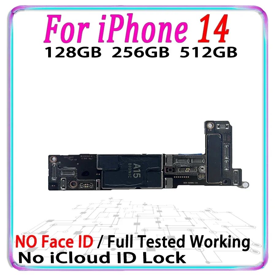 Разблокированная материнская плата E-SIM для iPhone 14, материнская плата с Face ID для iPhone 14, материнская плата, разблокированная материнская плата, очищенная iCloud SIM-128GB NO FACE