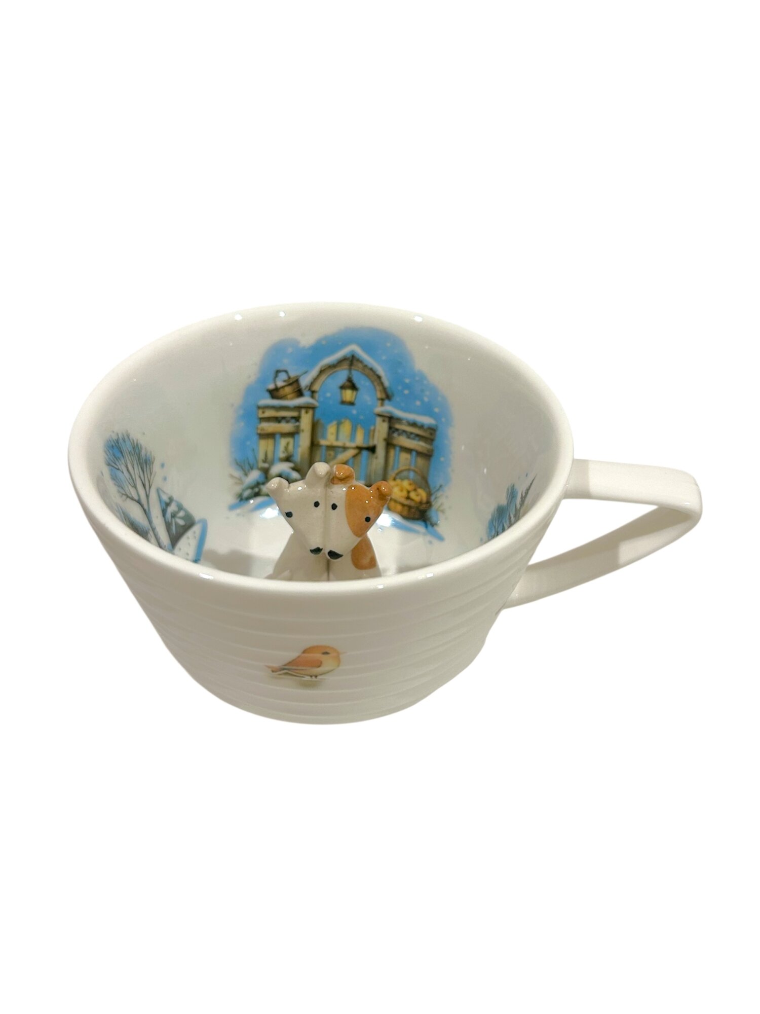 Чашка для чая ручной работы с фигуркой внутри «Пёсики в зимнем лесу», бело-зеленая, фарфор, 250 мл