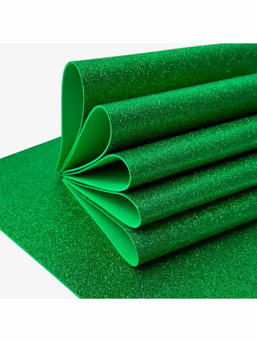 Фоамиран глиттерный, зеленый, 10 листов для декора и рукоделия