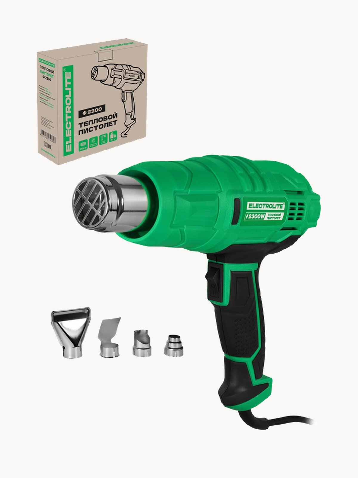 Фен строительный ELECTROLITE Ф2300EL ( 2300 Вт, 220 В, 400/600 С, 300/500 л/мин, обрезиненная рукоять )