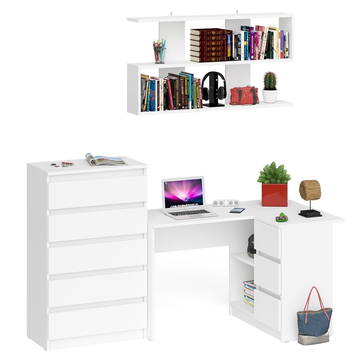 Комод Мори МК700.5 со столом компьютерным угловым правым и открытой полкой, белый, 194,8х84,9х209,6 см.