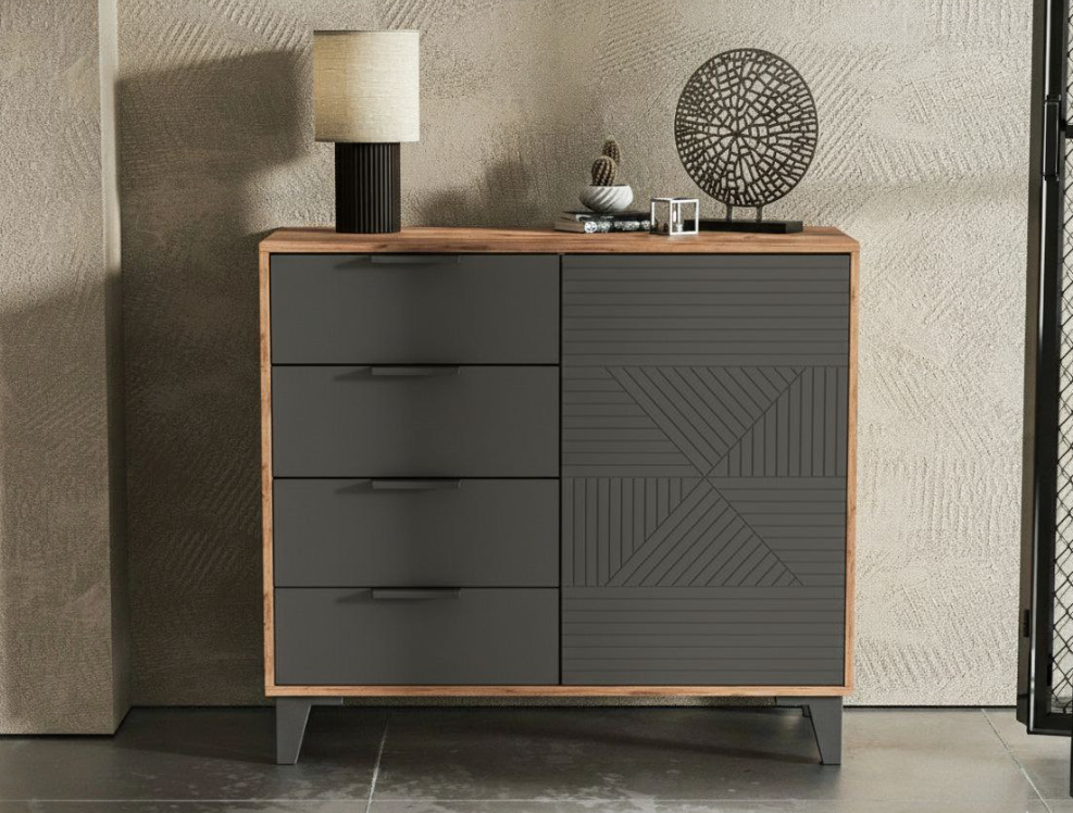 Комод 4 ящика 1 дверь Палау 100,2х43х88,8 см, Табак/Грей софт, шариковые направляющие