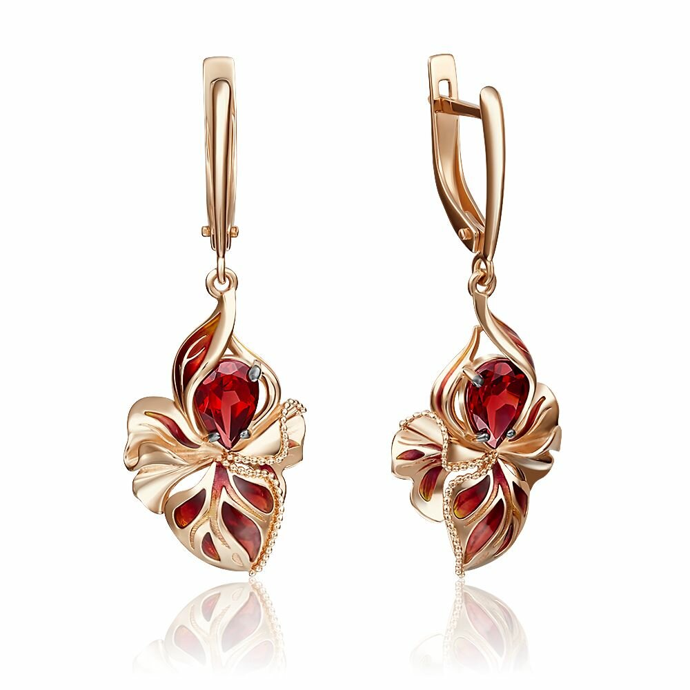 Серьги, красное золото, 585 проба, эмаль, гранат