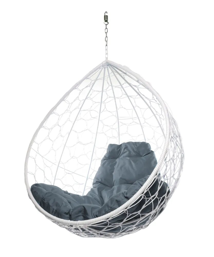 Подвесное кресло кокон Капля с ротангом белое с серой подушкой (без стойки)