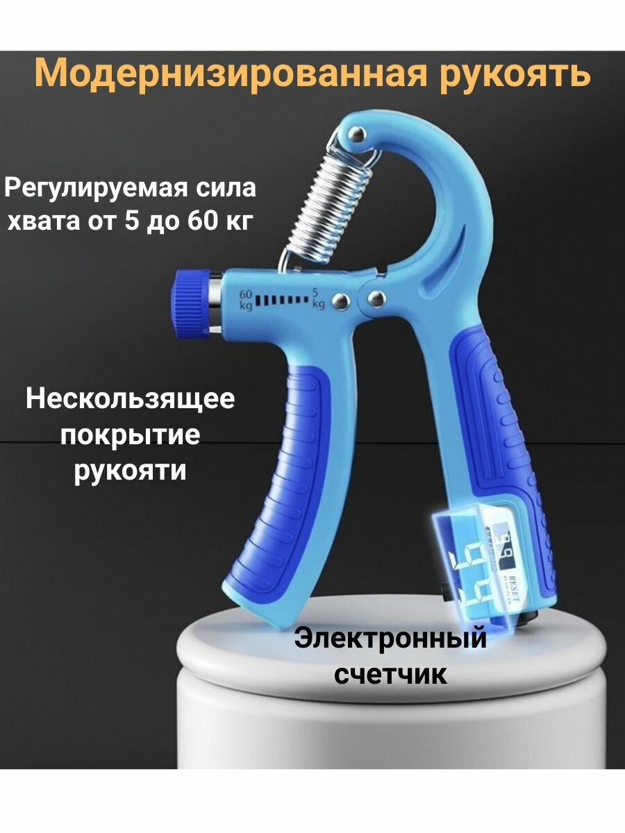 Эспандер кистевой, с счетчиком, с регулировкой нагрузки от 5 до 60 кг. Синий