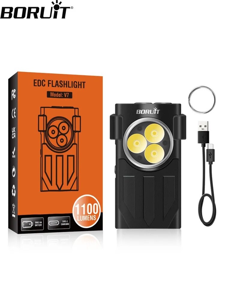 Boruit Фонарь-прожектор EDC FLASHLIGHT Model: V7 1100 Lumens Black Built-in battery Type-C charging