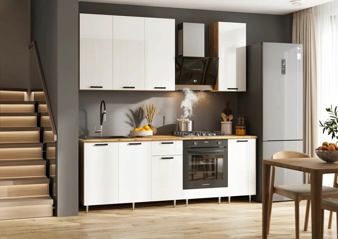 Кухня Рио NEW 2,2 м. Компоновка №2 Белый глянец, Дуб Крафт (Дуб вотан)