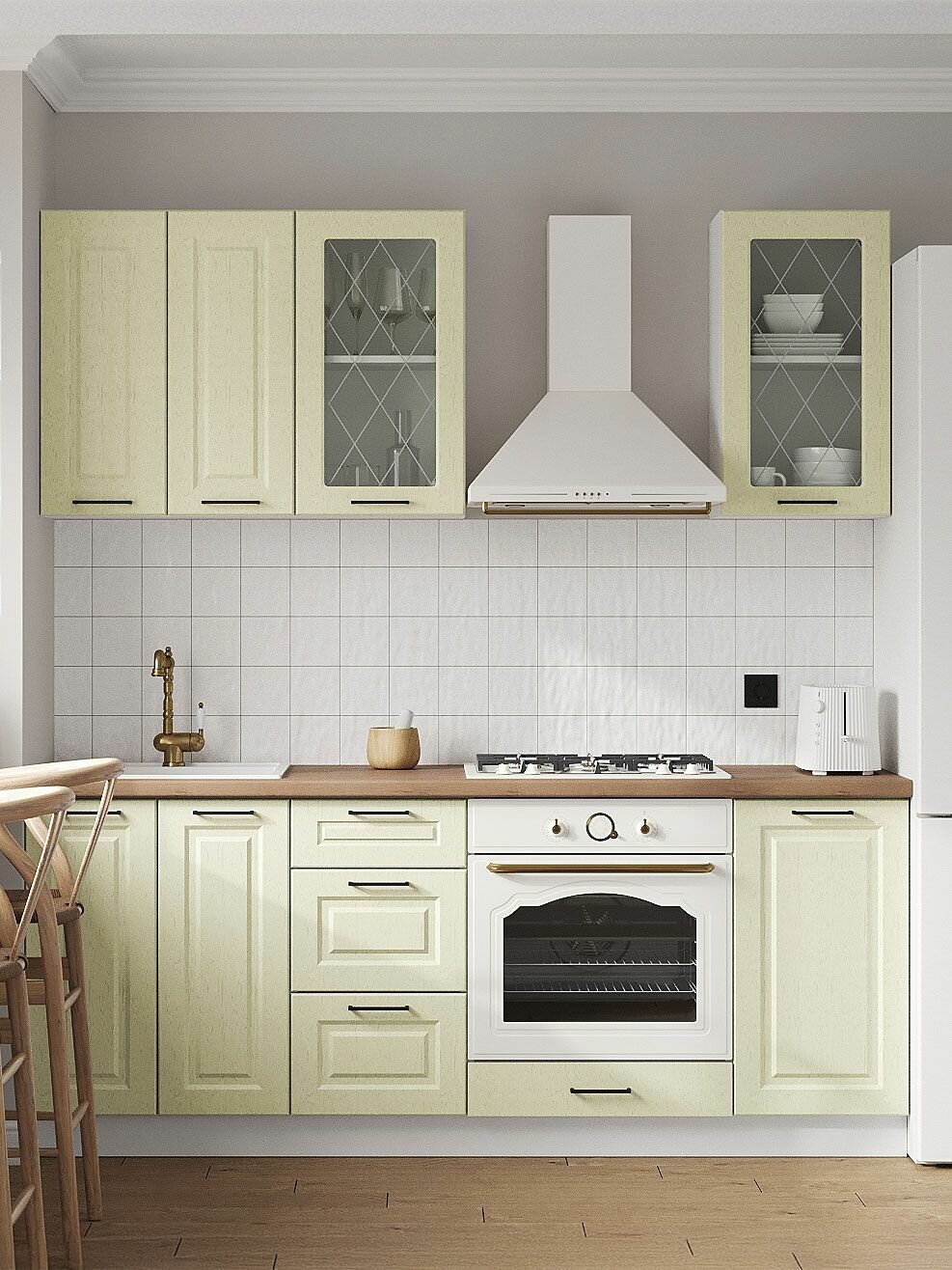 Кухонный гарнитур Шервуд 2 м, мебель для дома и кухни, Белый / Дуб кремовый со стеклом