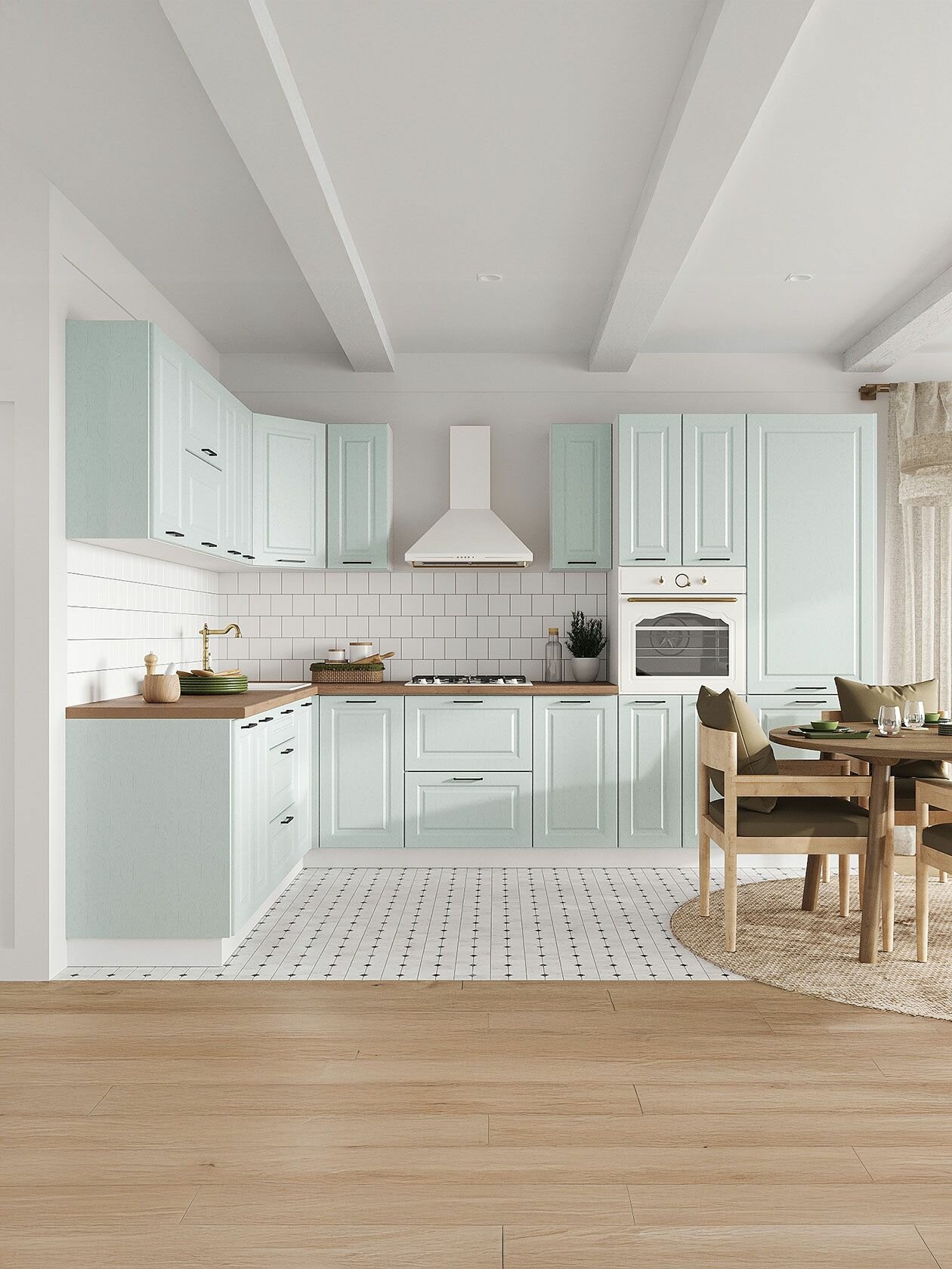 Кухонный гарнитур угловой Шервуд 3.2х2.2 м, мебель для дома и кухни, Белый / Деним голубой