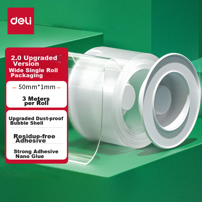Deli Strong Nano Tape, Invisible Double-Sided Tape, Transparent Adhesive, 50mm*3m, Upgraded Dust-Proof Bubble Case, for Couplets And Spring Festival Couplets, Washable And Reusable, 1 Roll, 33602