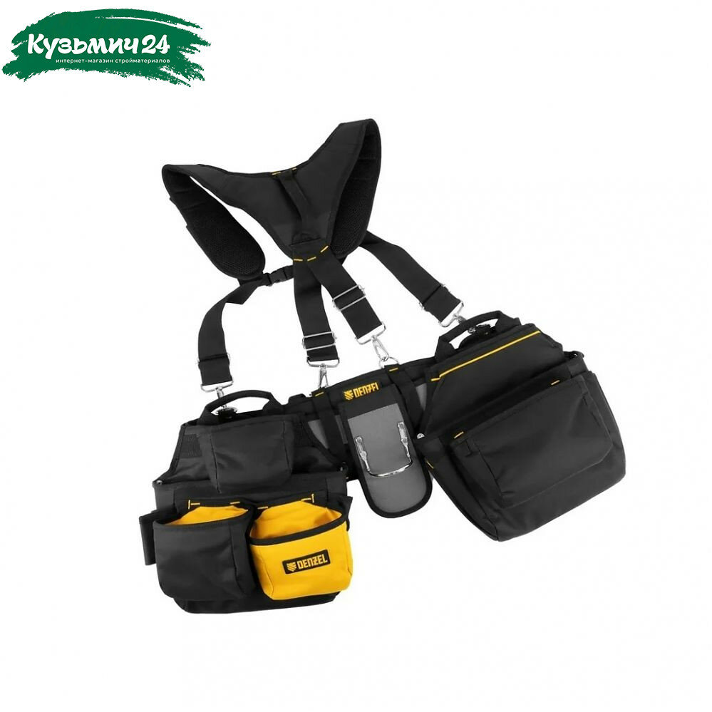 Пояс монтажника усиленный Denzel 90290 с лямками, поясными сумками и держателем для молотка, 1 шт.