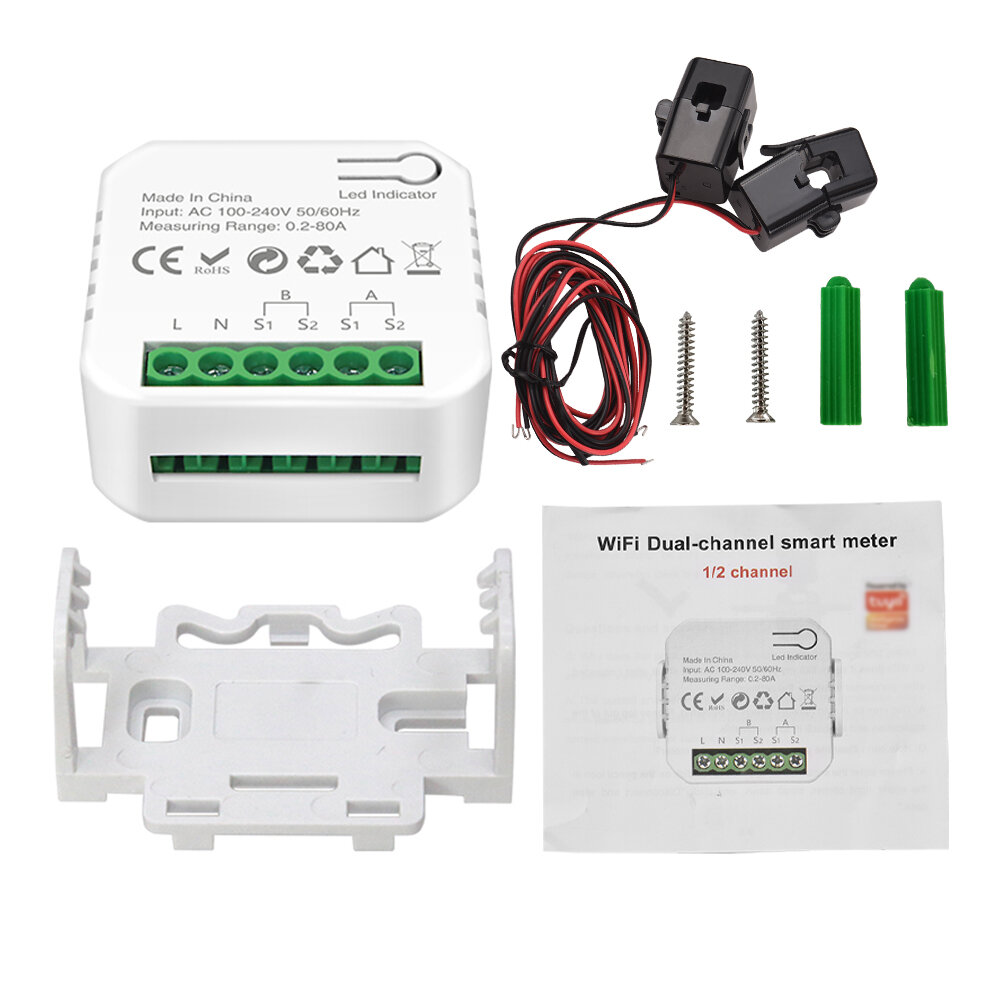 Интеллектуальный счетчик энергии TY, монитор потребления энергии с 2 зажимами CT 80A, статистика электроэнергии, трансформатор тока, использование электроэнергии для обнаружения солнечной фотоэлектрической системы генерации электроэнергии