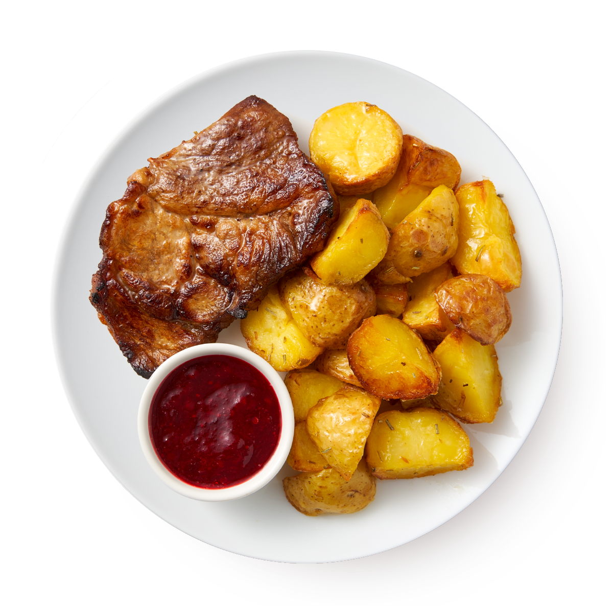 Свинина запечённая с брусничным соусом и картофелем мини с розмарином «Кулинариум»