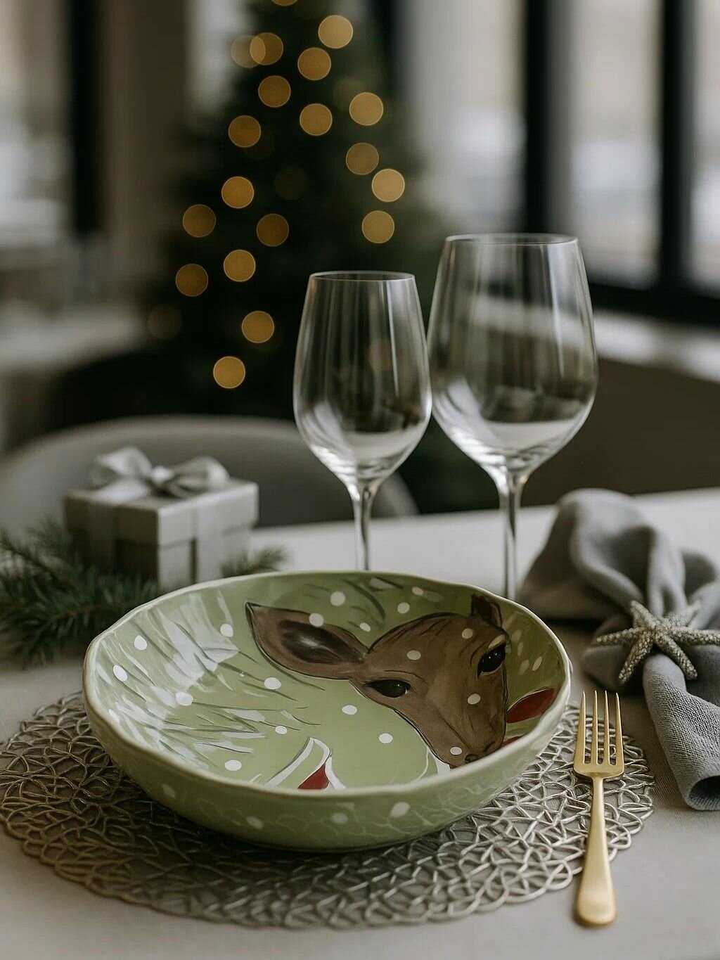 Салатник, тарелка глубокая зеленая "Олень" Costa Nova "Deer Friends" 1 шт, 23см. Ударопрочная, профессиональная керамика. Для подачи основных блюд, десерта, закусок. Португалия