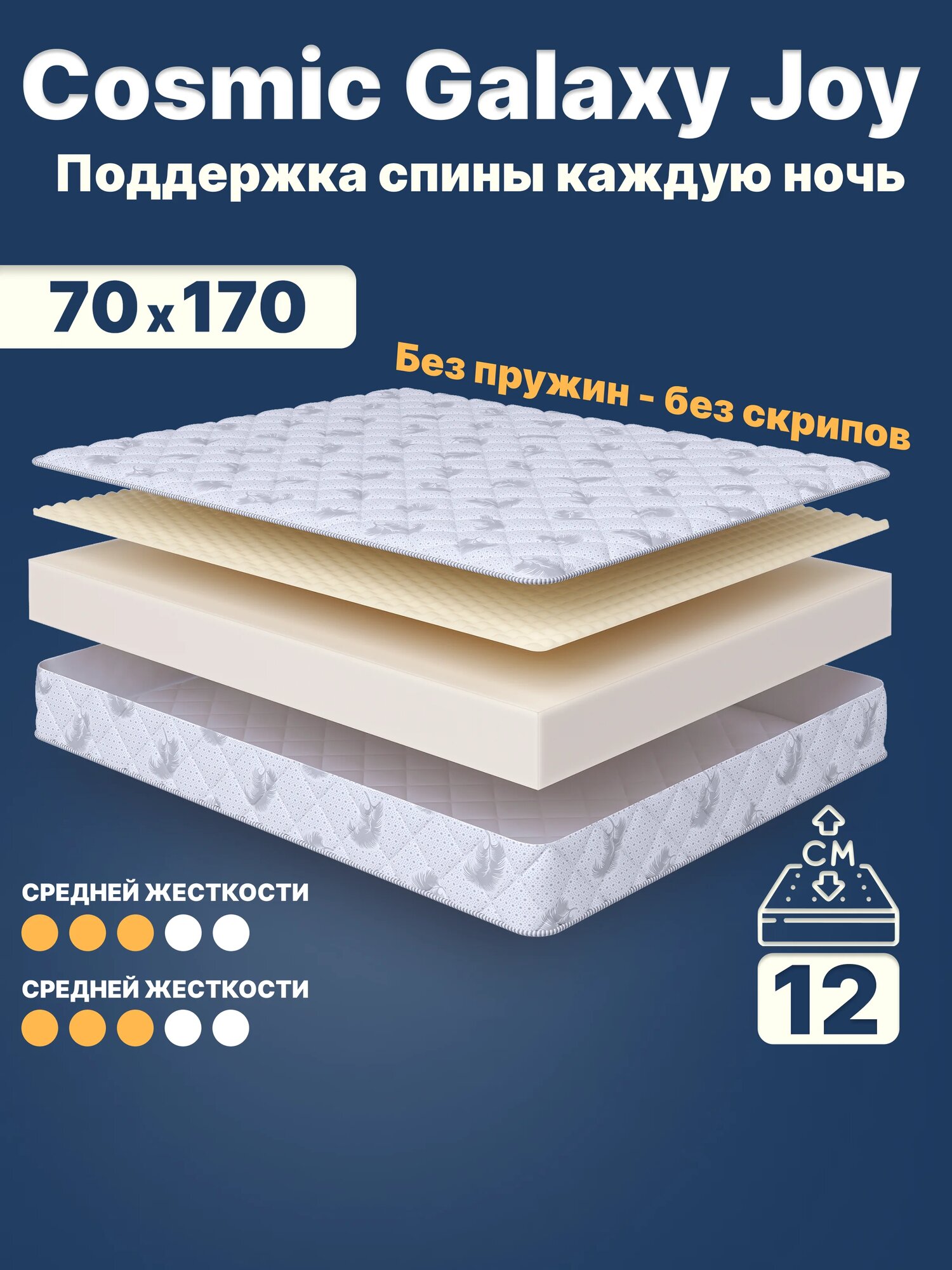 Матрас 70х170 беспружинный детский анатомический в кроватку, Cosmic Galaxy Joy, средне-жесткий 12 см