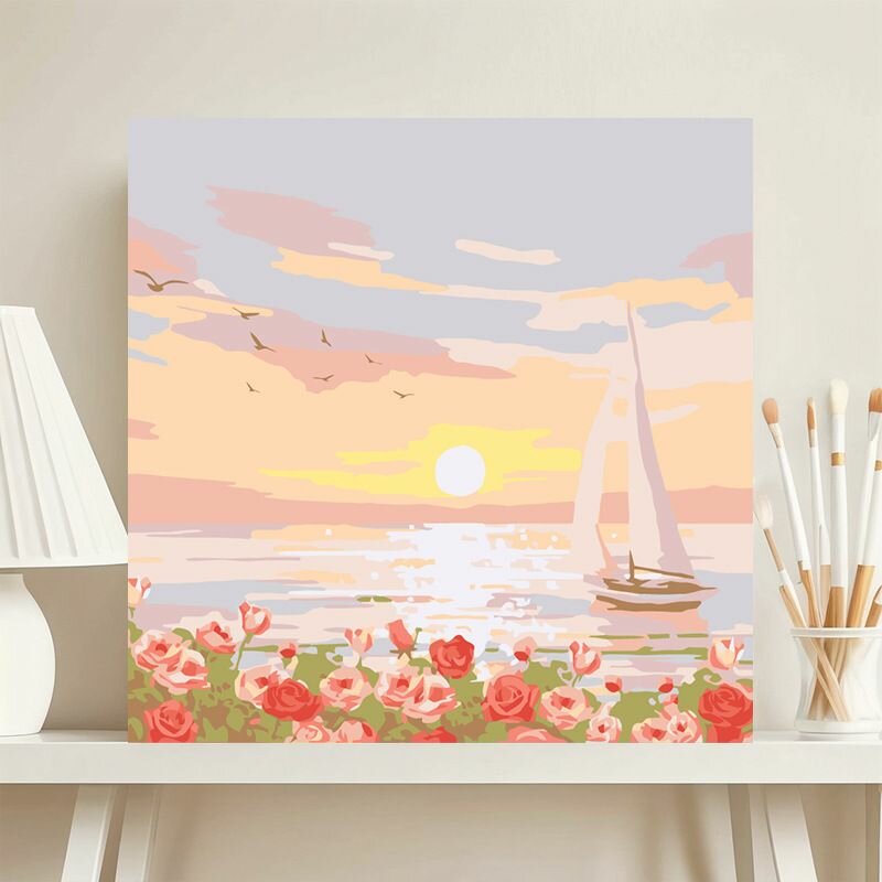 Картина по номерам 20х20 см с деревянной рамой, набор для рисования акрилом, раскраска для взрослых и подростков, цветы закат море, творческий подарок для дома и интерьера