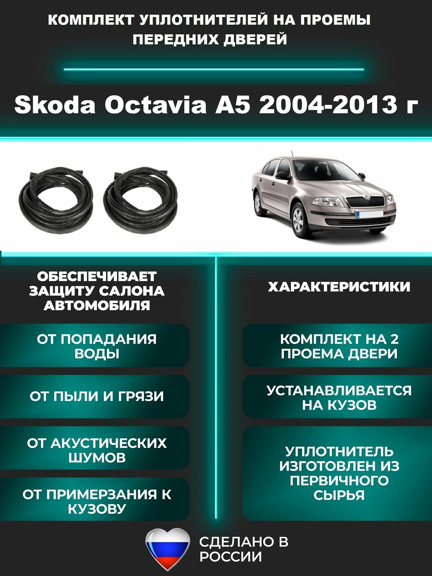 Комплект уплотнителей проемов передних дверей, подходит на Skoda Octavia A5 2004-2013 г, Шкода Октавия А5 - 2 шт