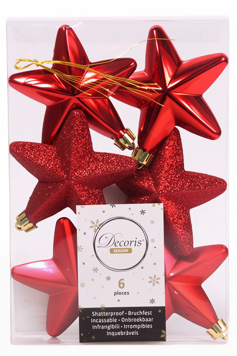 Набор украшений ёлочные звёздочки пластиковый, глянцевые, матовые, с глиттером, цвет: красный, 7.5 см, 6 шт, Winter Deco 027862
