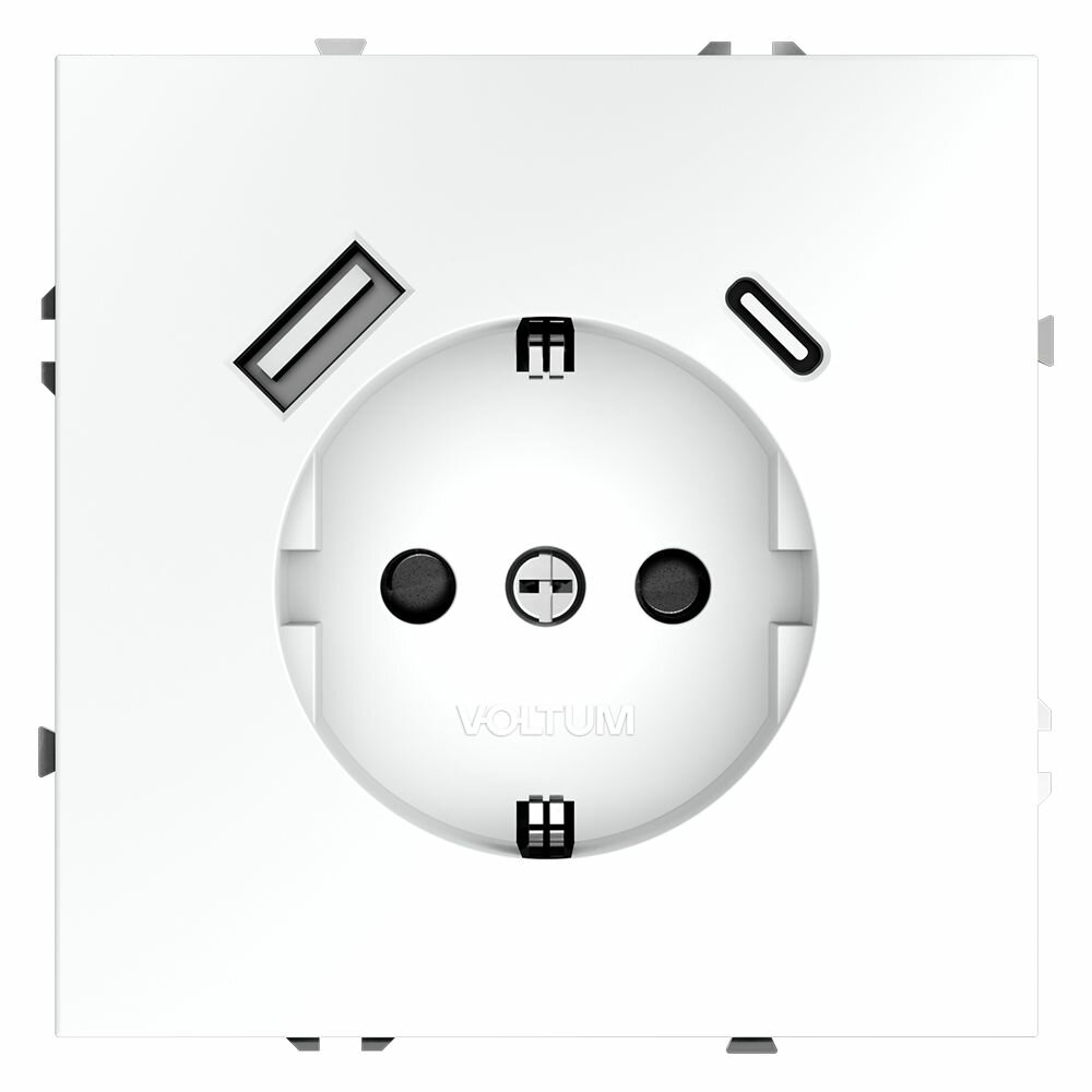 Розетка встраиваемая VOLTUM S70 с заземлением и защитными шторками, 16А, с USB, A+С, (белый матовый)