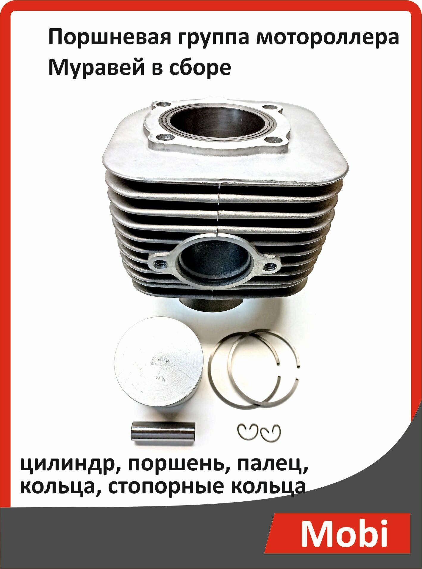 Поршневая группа мотороллера Муравей в сборе (цилиндр, поршень, палец, кольца, стопорные кольца)