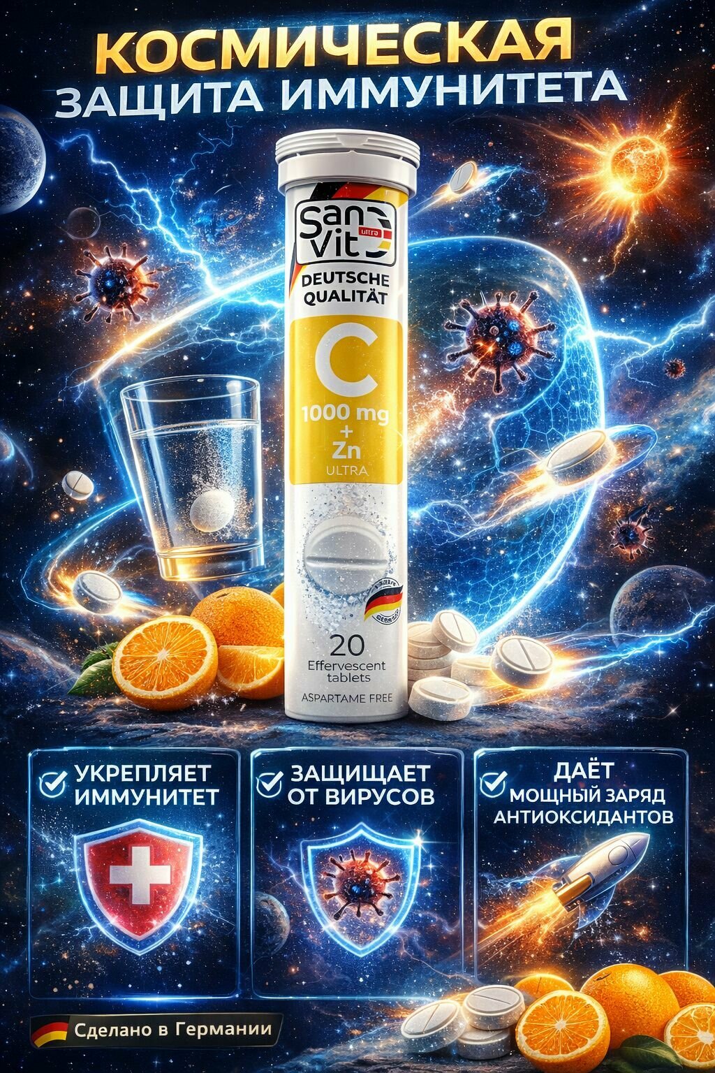 Витамин C SanoUltraVit 1000 мг + Цинк 10 мг, шипучие таблетки, 20 штук