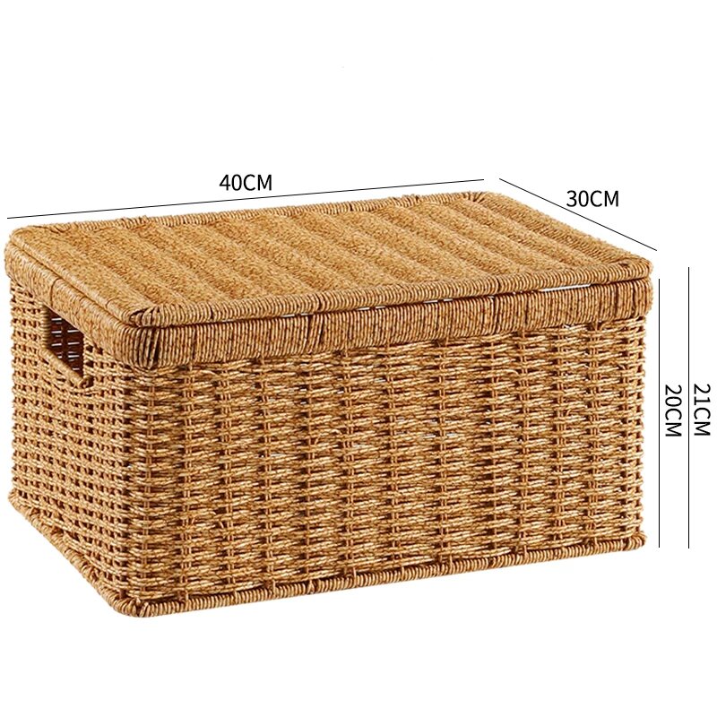 Светлый бежевый пластиковый плетеный контейнер с крышкой, 40x30x20 см для хранения в доме