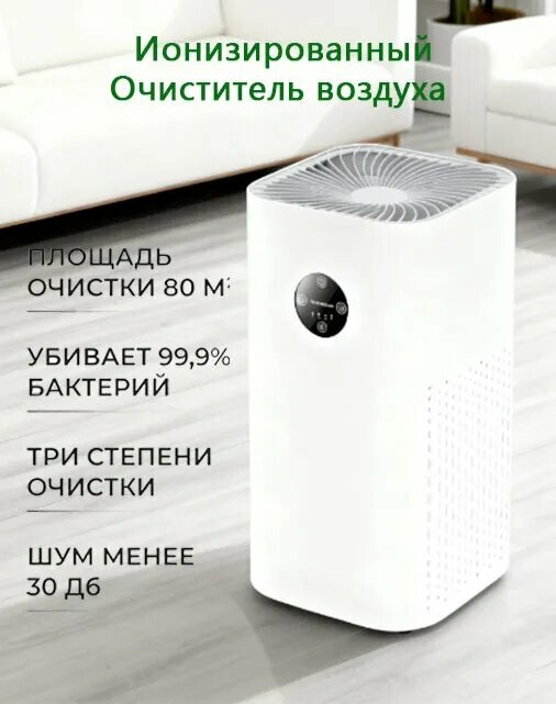 Очиститель воздуха для дома с HEPA 13 и ионизатором — 80 м², убивает 99.9% бактерий, бесшумный ночной режим