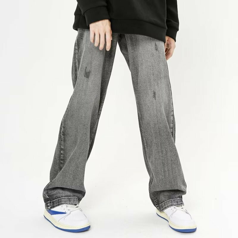 Тренд RONG CH Джинсы Мужские Черные Карго Винтажные Красные Полосы Сшитые Прямые Непринужденные Деним, Размер_2XL