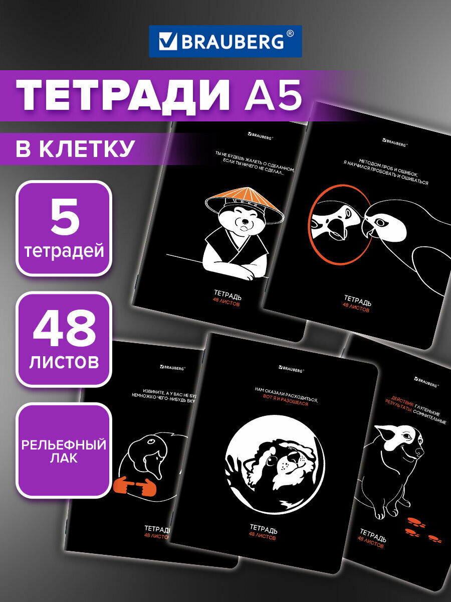 Тетрадь А5 в клетку 48 листов для записей в школу и офис, набор 5 штук, обложка twin лак, Brauberg Мемы, 404937