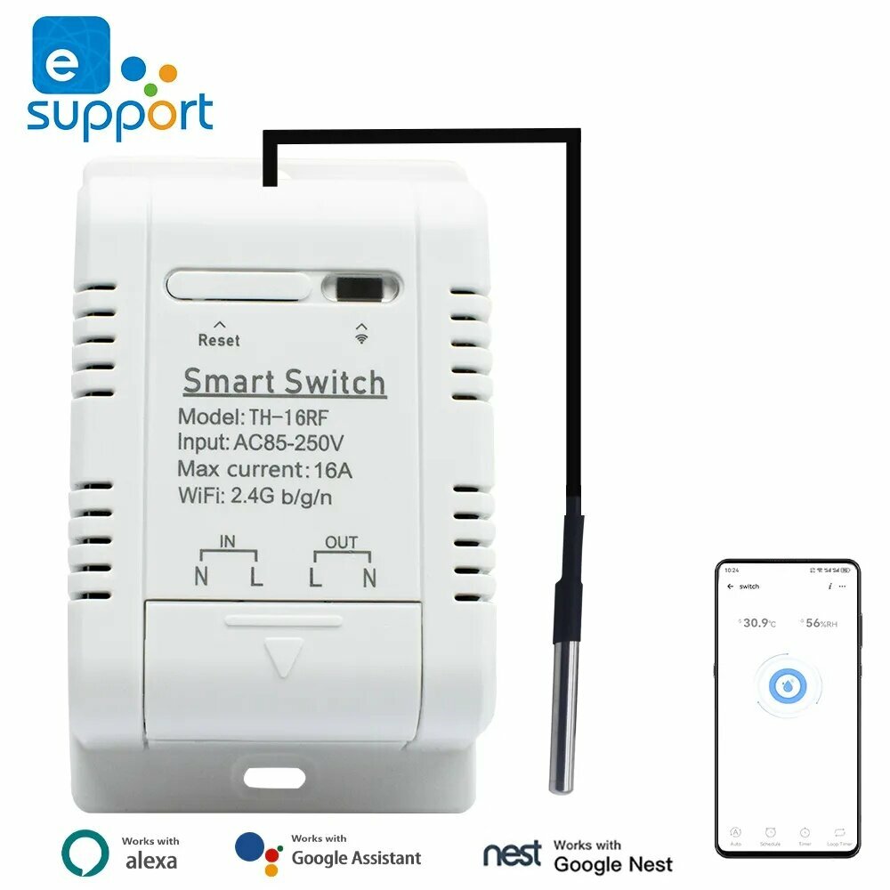 Ewelink Умный WiFi+RF433 AC 85-250V 16A реле датчиком температуры