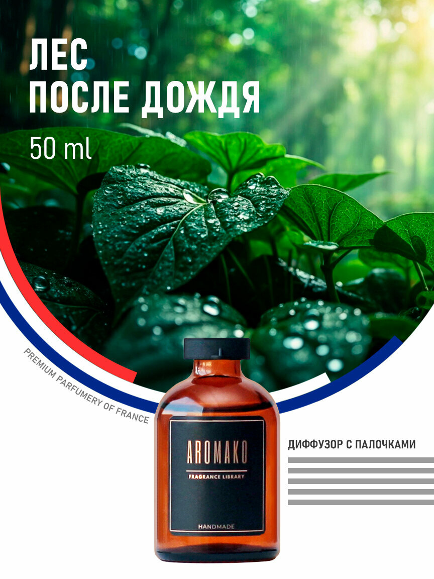 Ароматический диффузор с палочками Лес после дождя 50 мл, ароматизатор для дома и офиса, парфюм для дома AROMAKO