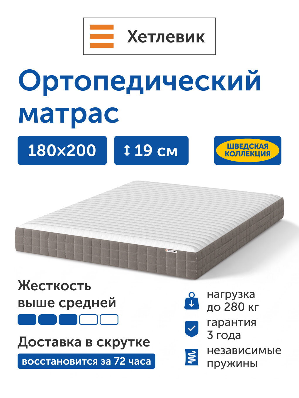 Ортопедический матрас IKEA/Икеа Хетлевик, независимые пружины, 180х200 см