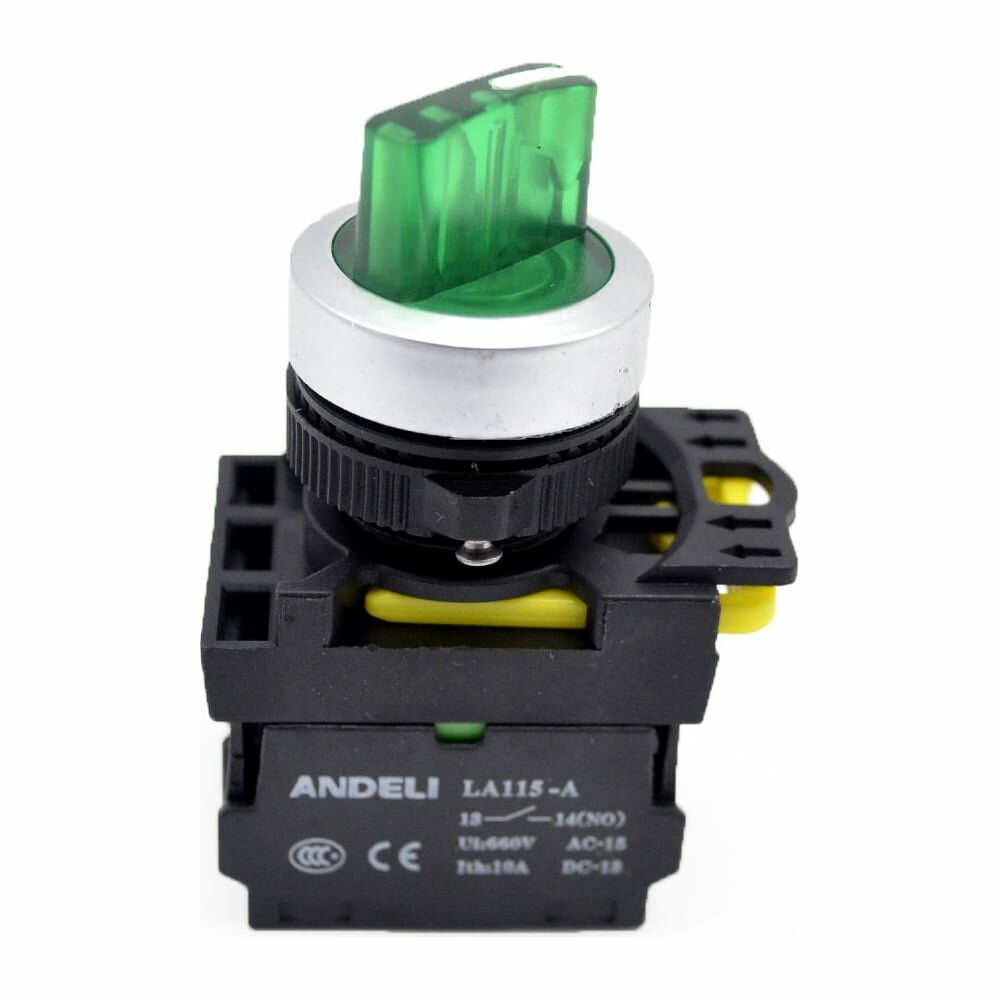 Переключатель ANDELI с подсветкой с фиксацией 1NO 1NC LA115-A5-11XD/G зеленый LED 220В артикул ADL10-203