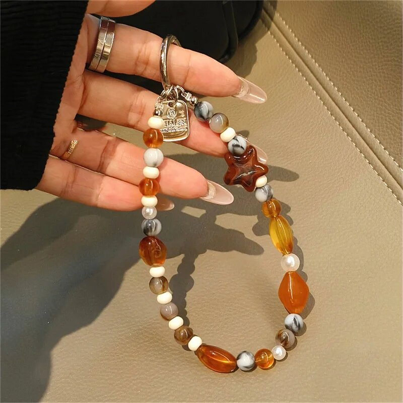 1 шт, милый короткий браслет в стиле ретро с янтарной звездой и бисером, цепочка для мобильного телефона, короткая сумка для мобильного телефона, чашка для воды, кулон, браслет, аксессуары