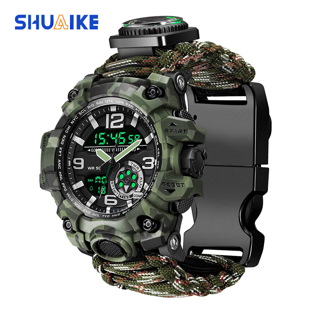 Электронные часы с двойным дисплеем, свисток, огниво, компас, термометр для мужчин, наручные часы для активного отдыха, в наличии, оптовая продажа