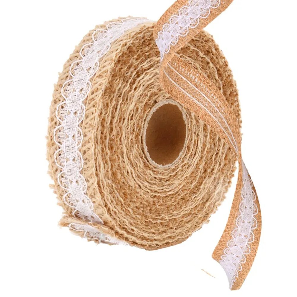 Лента из мешковины 5 м/рулон с белой кружевной отделкой, рулон из натурального джута в деревенском стиле, для поделок своими руками, винтажного свадебного декора, праздничного декора