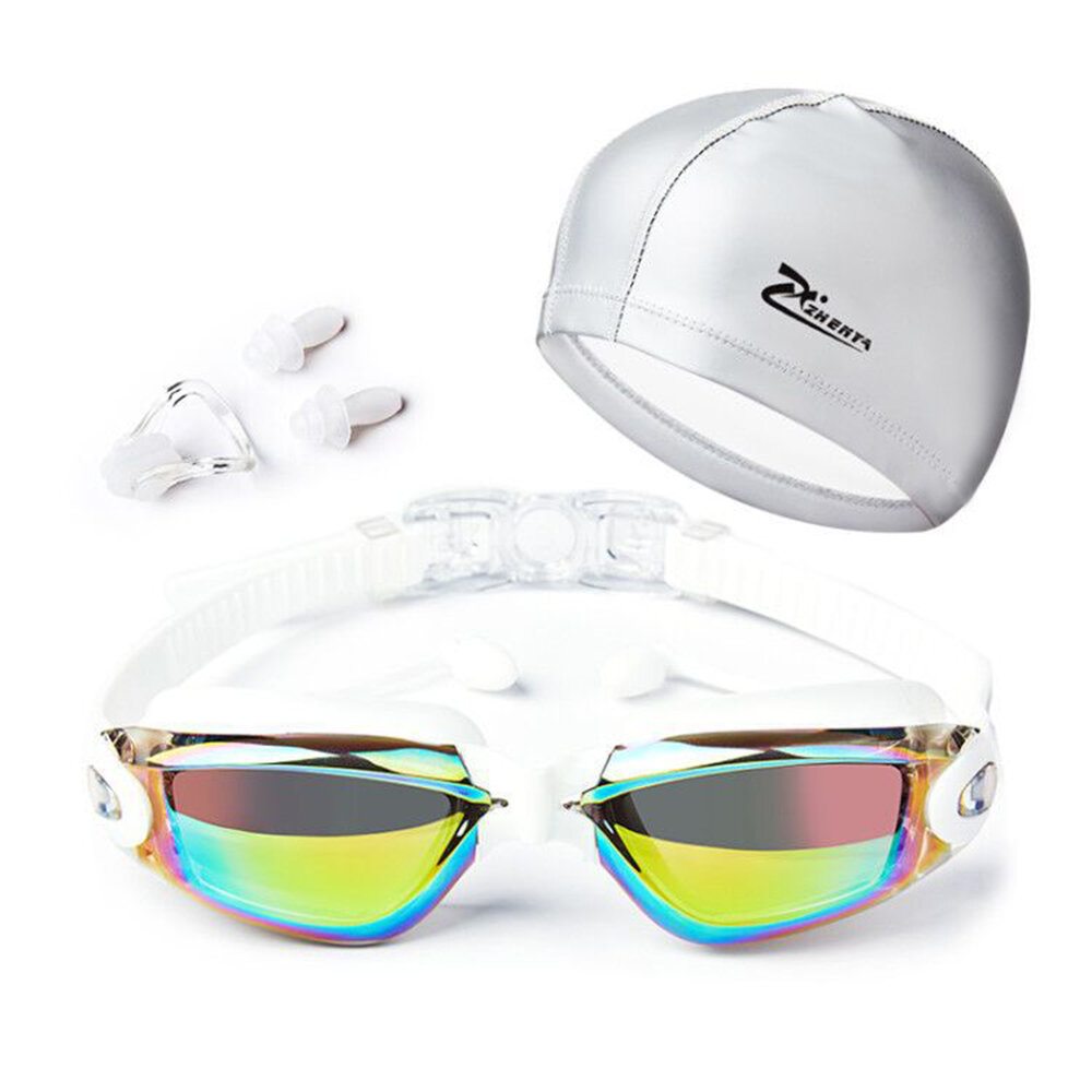 Набор для плавания 4 в 1: очки и капюшон, антифог, защита от УФ, водонепроницаемый, с ушными плитами, ноздревым клипом, для взрослых, детей, мужчин, женщин, Розовый 1#, Серый, Голубой 1#, Белый, Розовый 2#, Голубой 2#, Черный, материал очков: ПК, линза с