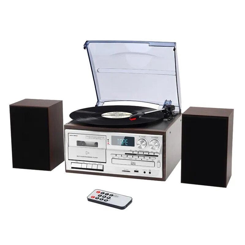Виниловый проигрыватель с CD/кассетой/FM-радио, ретро-аудиосистема в деревянном корпусе
