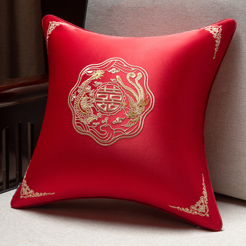 Свадебная красная подушка в китайском стиле, праздничная декоративная подушка для дивана, хлопковая льняная наволочка, подушка для гостиной, подушка для кровати, наполнитель подушки