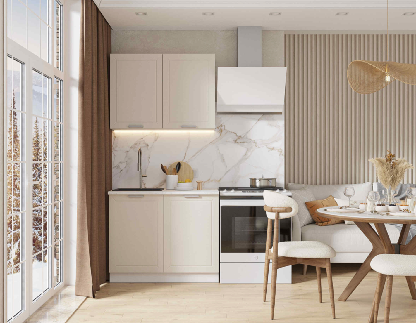 Кухня Альфа 1 м холст белый (корпус белый, столешница мрамор лацио)