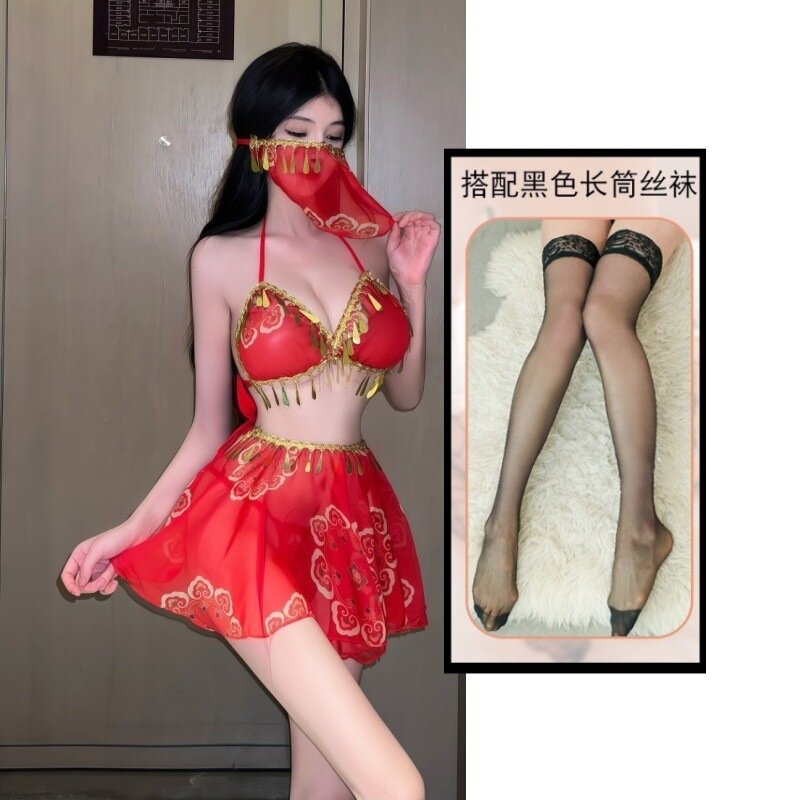 Сексуальный комплект нижнего белья с изображением летающих апсар из Дуньхуана, выполненный в экзотическом стиле ханьфу, с прозрачным топом без бретелей, украшенным золотым тиснением, комплект нижнего белья больших размеров + черные чулки.