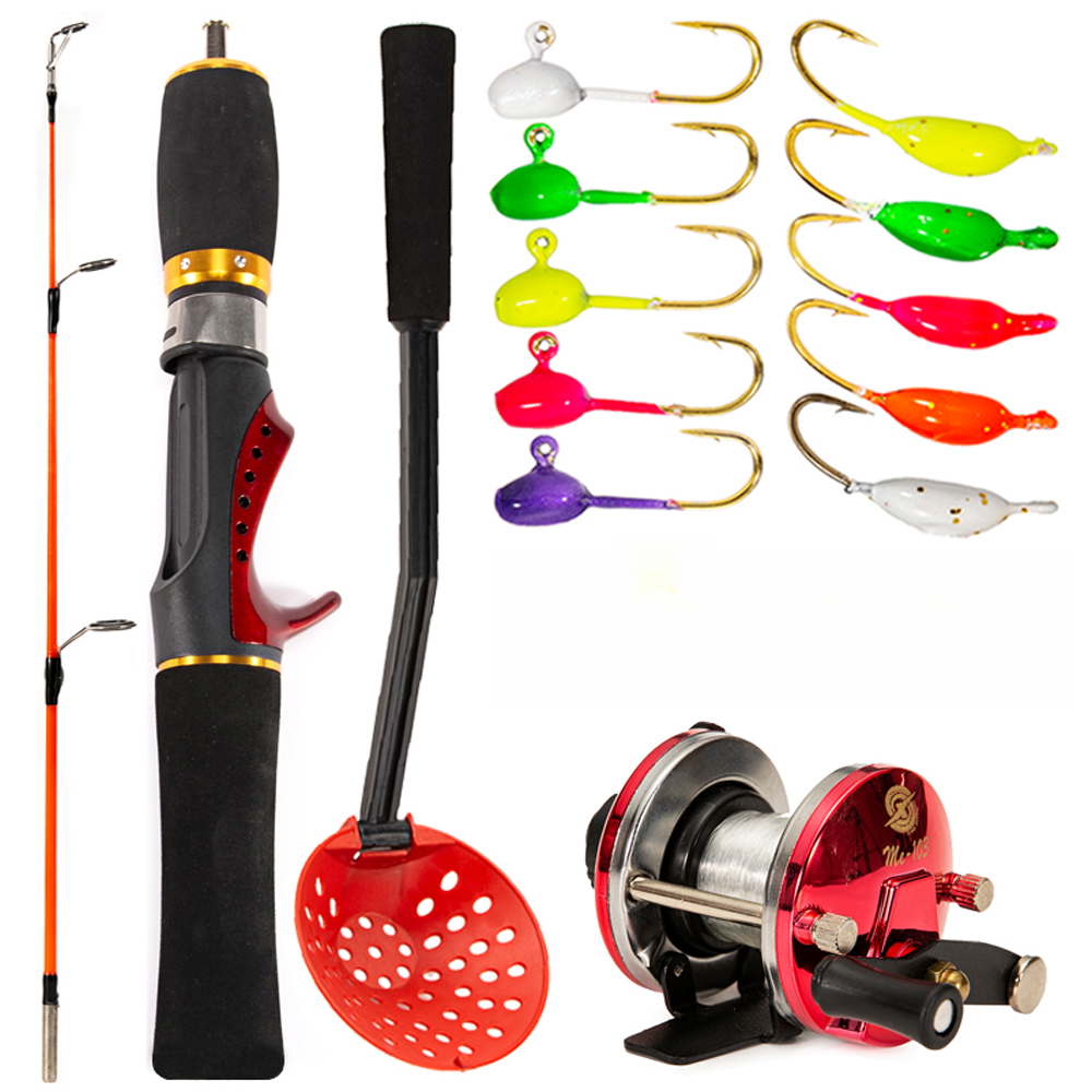 Комплект для ледового рыбаzenia: Удочка и катушка для ледового рыбаzenia, ледовая лопата и крючки для ледового рыбаzenia, Материал: углеродное волокно, ABS, свинец, высокоуглеродистая сталь, Размеры: 52см (удочка), 9*6.3*4.6см (катушка), 35*9.5см