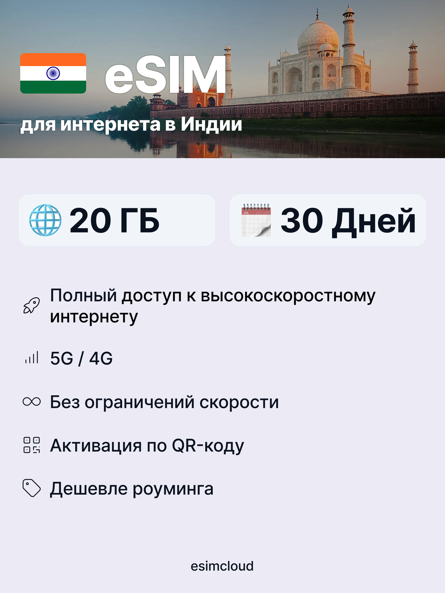 ESIM для Индии 20 ГБ / 30 дней • Мобильный интернет • Универсальная eSIM • 4G LTE / 5G • Смартфон и планшет